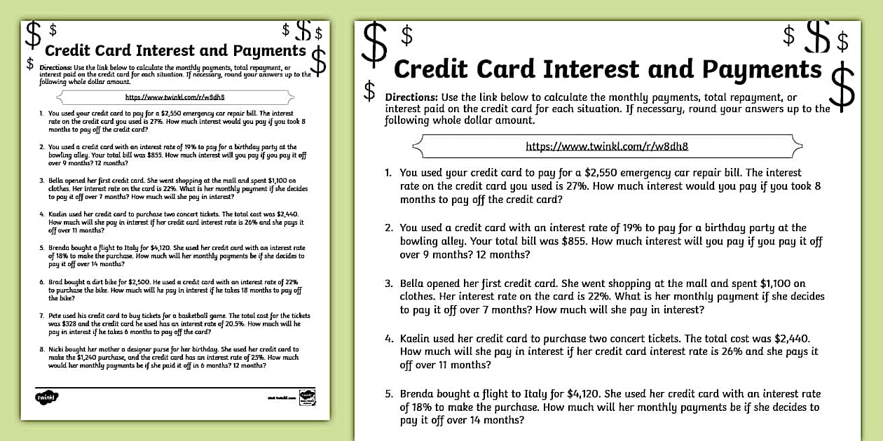 Eighth Grade Credit Card Interest and Payments Practice