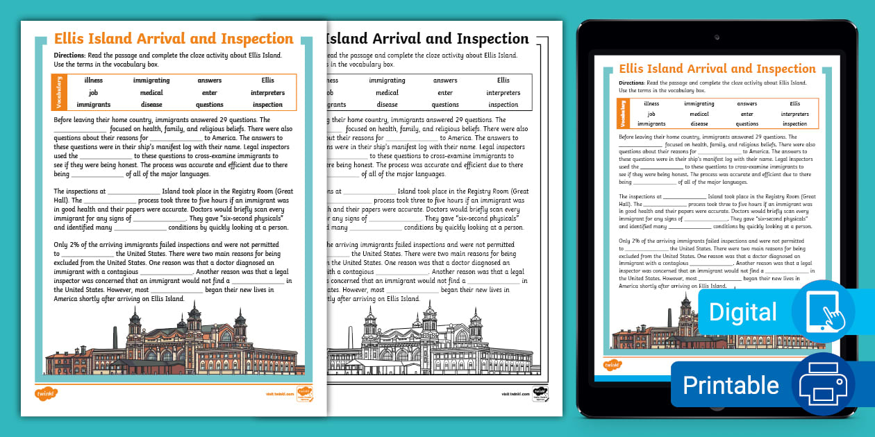 Sixth Grade Ellis Island Cloze Reading Activity - Twinkl