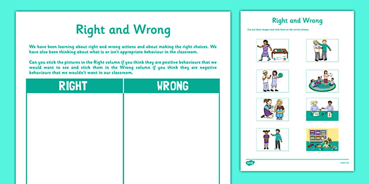 Black and White Right and Wrong Worksheet - Twinkl