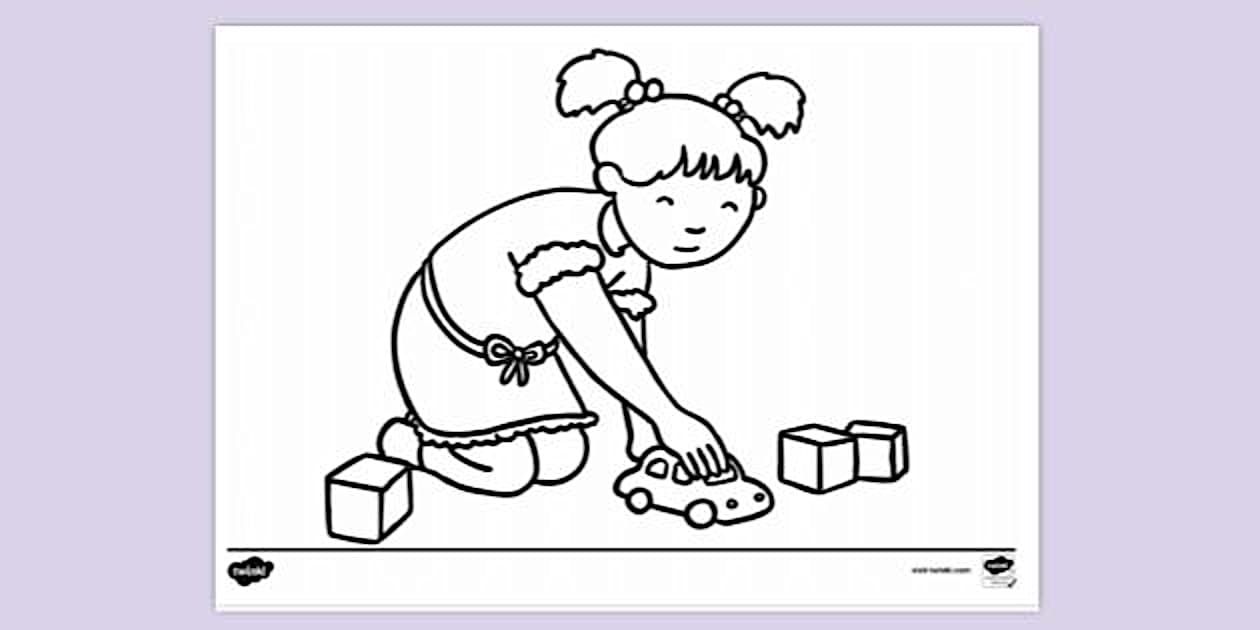 Girl Playing with Toy Car Colouring Sheet | Colouring Sheets