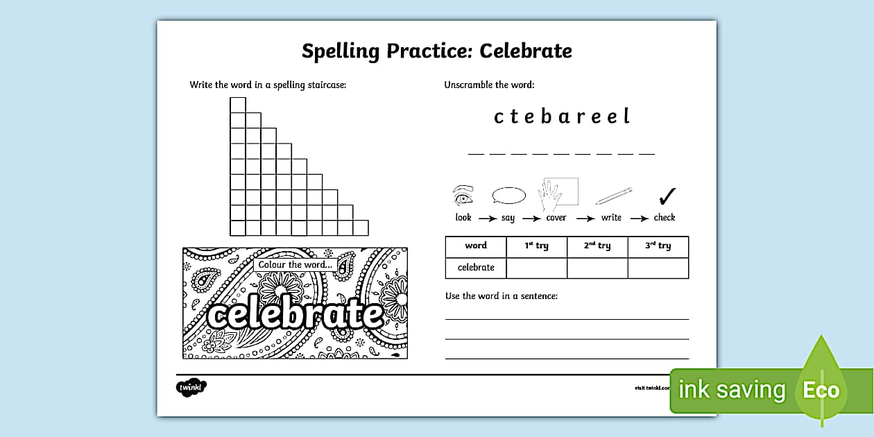 Celebrate Spelling Practice Worksheet (teacher made)