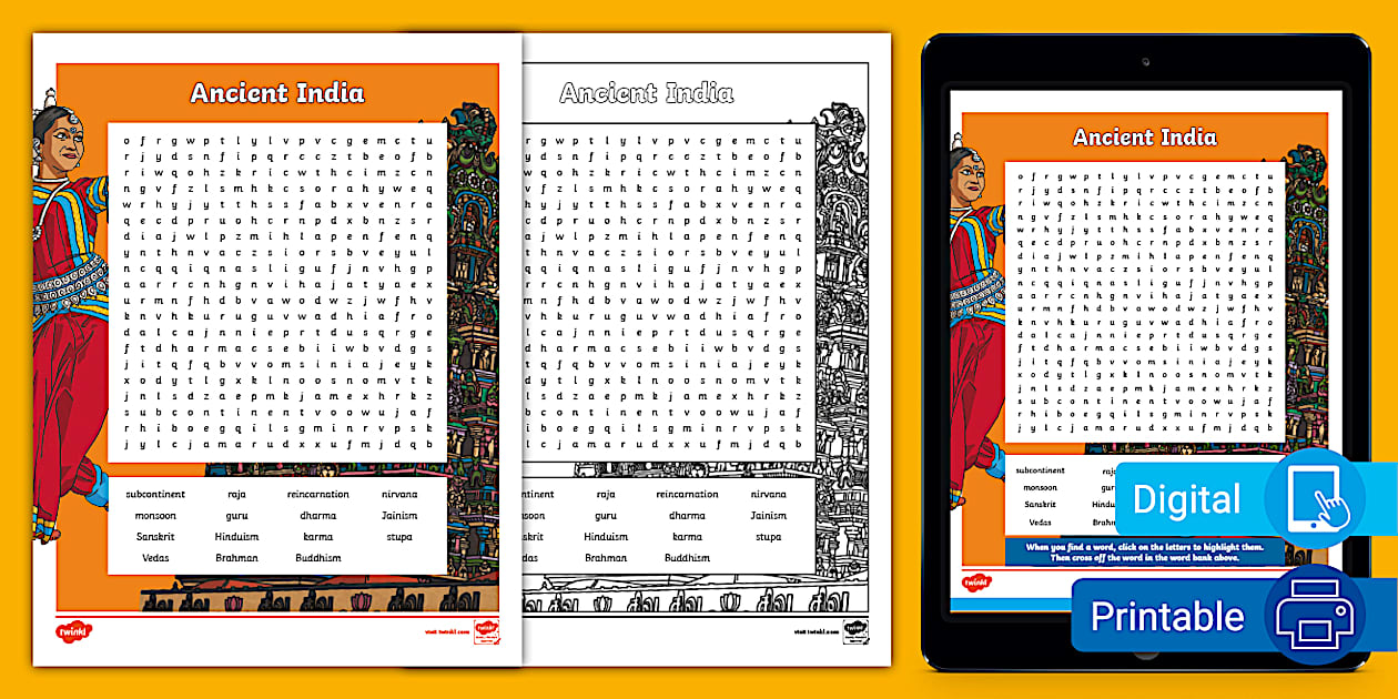 Ancient India Word Search for Grades 6th-8th (teacher made)