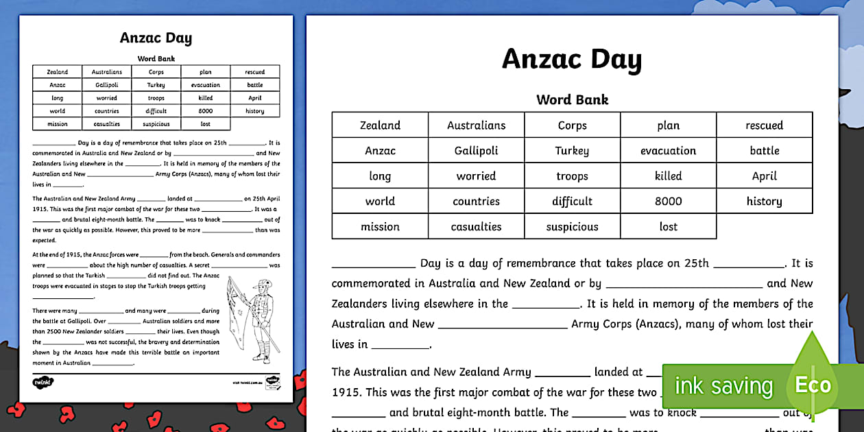 Anzac Day Cloze Passage - Year 3-4 Literacy - Easy Download