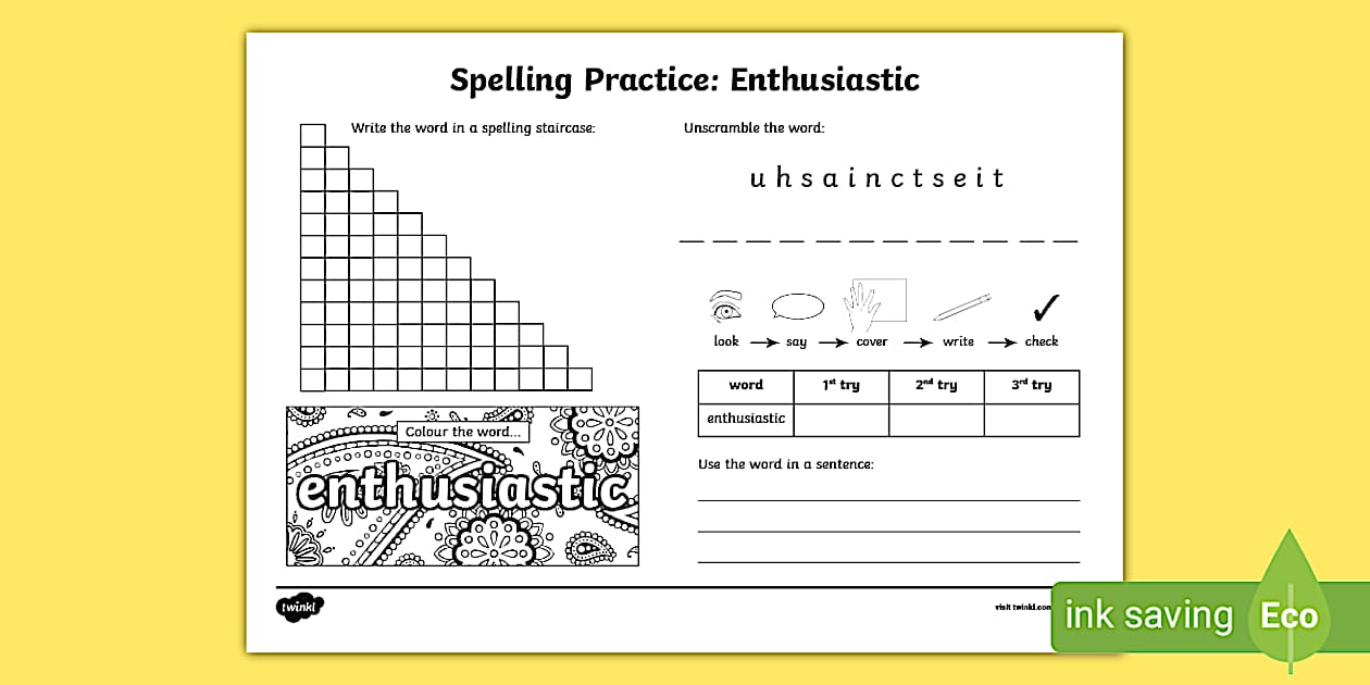 Enthusiastic Spelling Practice Worksheet (Teacher-Made)