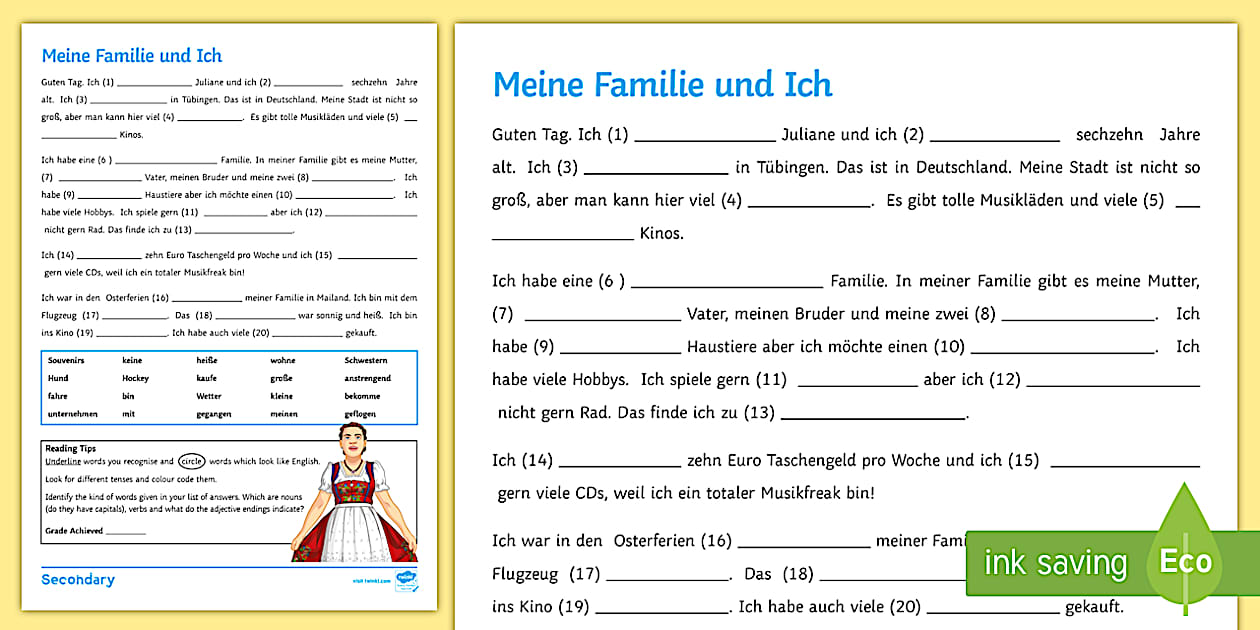 My Family and Me - German Reading Comprehension - Twinkl