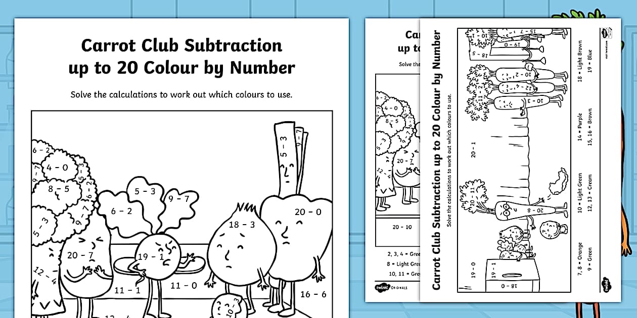 Carrot Club Subtraction up to 20 Colour by Number - Twinkl