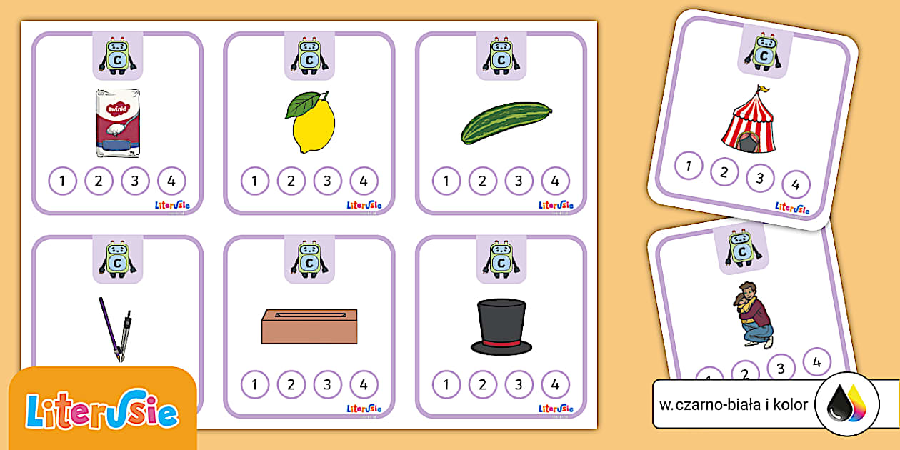 Literuś C | Policz sylaby w wyrazach na literę C | Fiszki