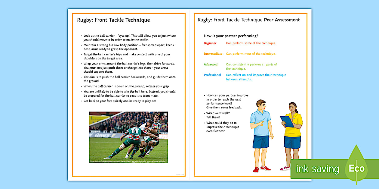 Black and White Rugby Technique Cards: Front Tackle - Twinkl