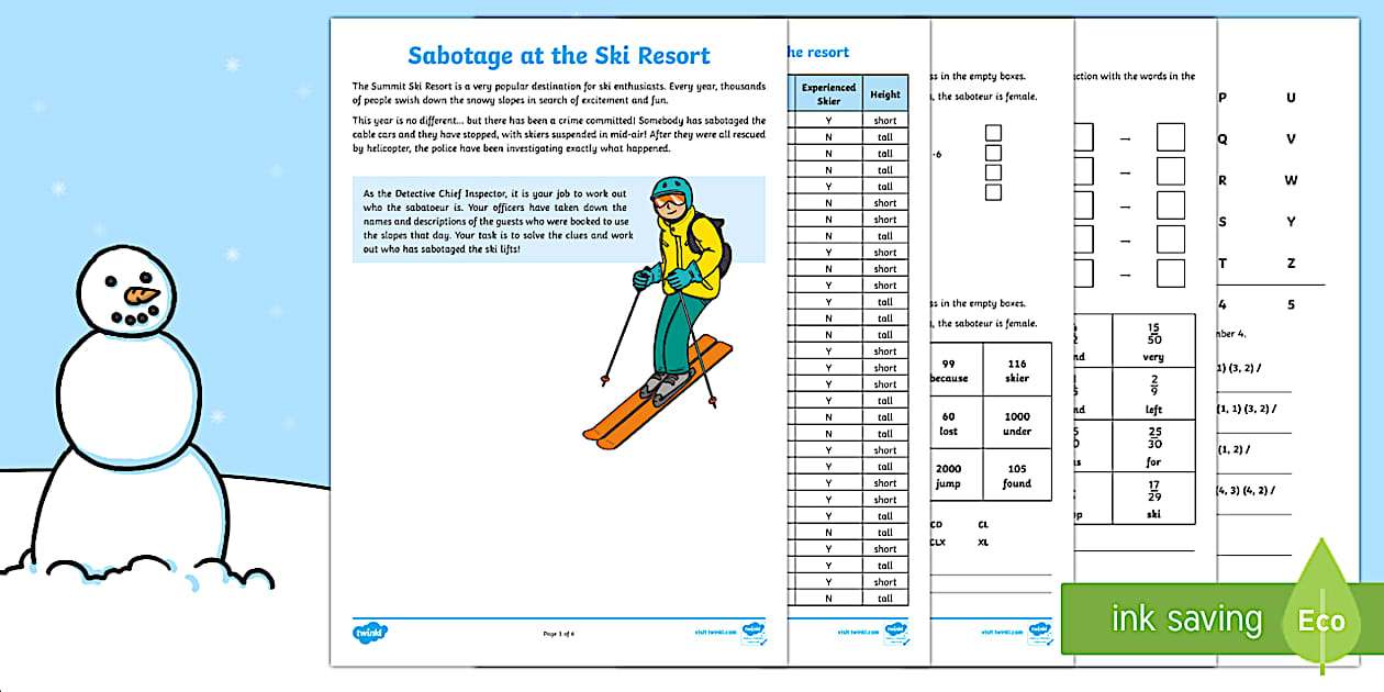 Higher Ability KS2 Sabotage at the Summit Ski Resort Maths Mystery Game