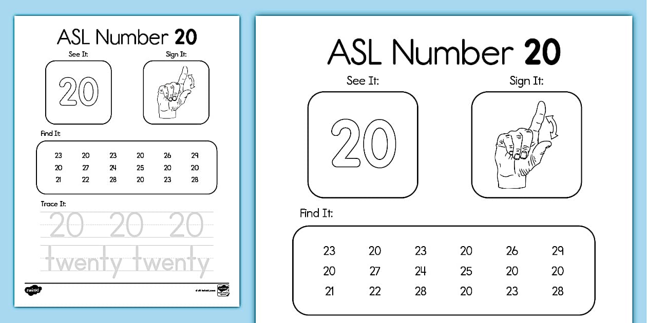 ASL Number 20 Worksheet (teacher made) - Twinkl