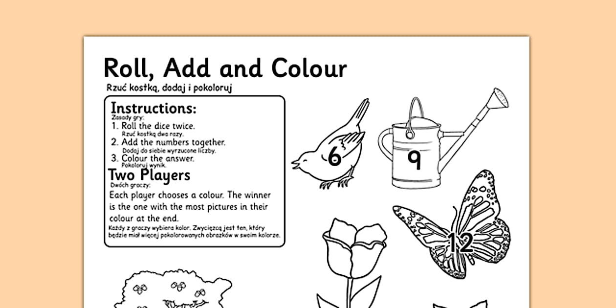 Garden Colour and Roll Worksheet Polish Translation - Twinkl