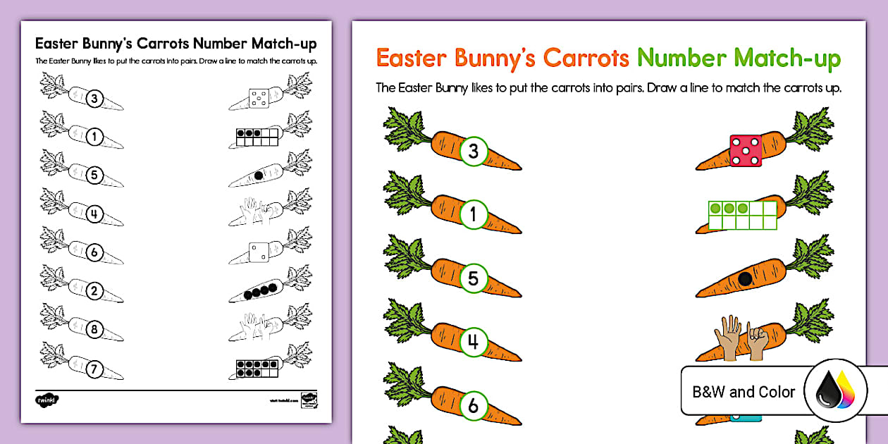 Easter Bunny's Carrots Number Match-up to 8 Worksheet