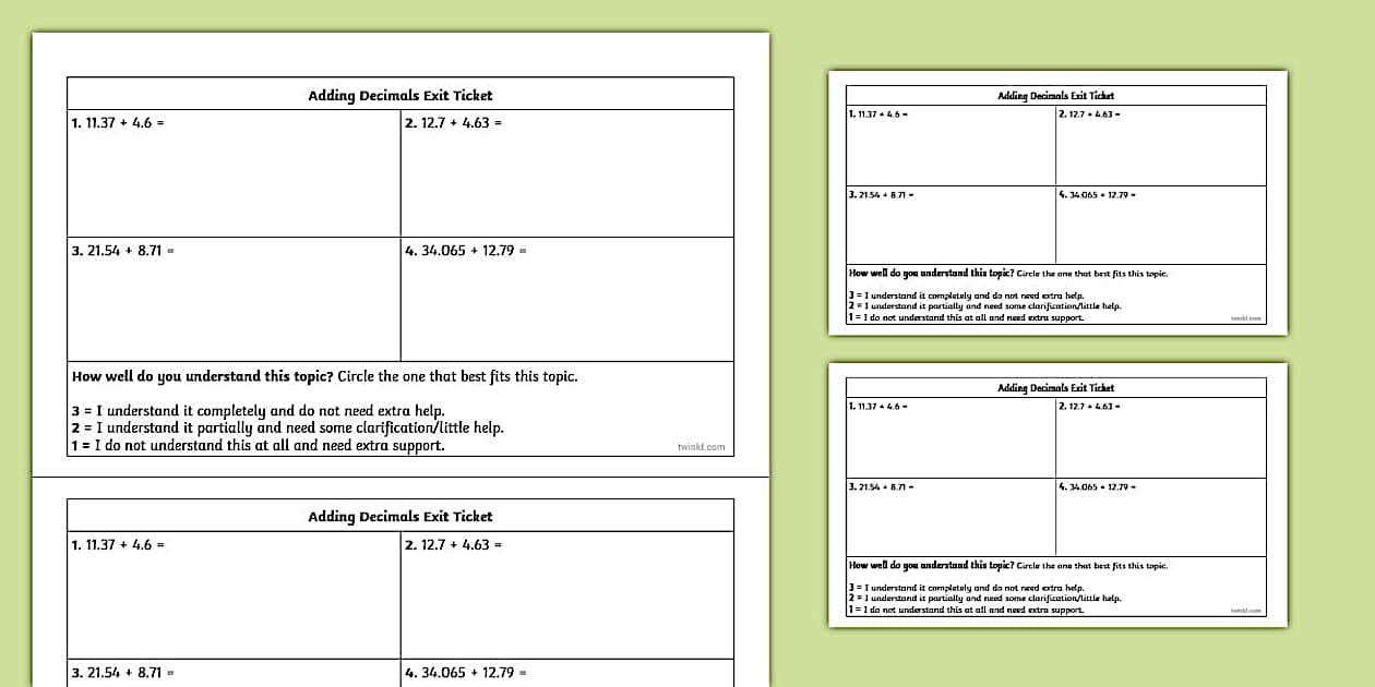 Seventh Grade Adding Decimals Exit Ticket (Teacher-Made)