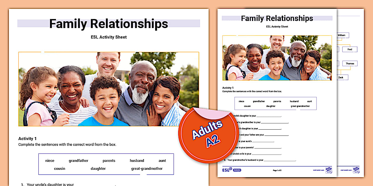 ESL Family Relationships Activity Sheet for A2 Adults
