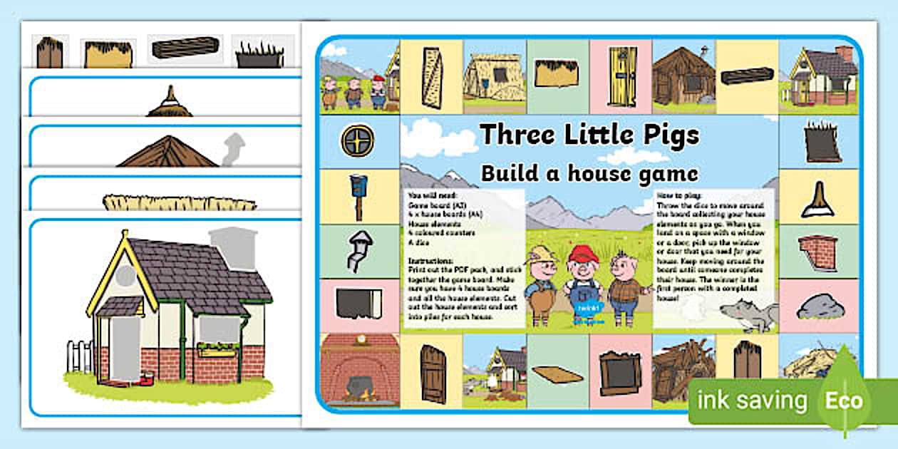Editable The Three Pigs House Building Board Game - Twinkl