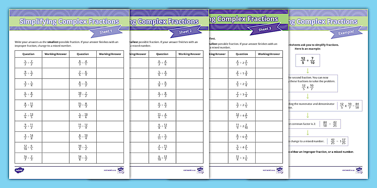 Simplifying Complex Fractions Worksheets