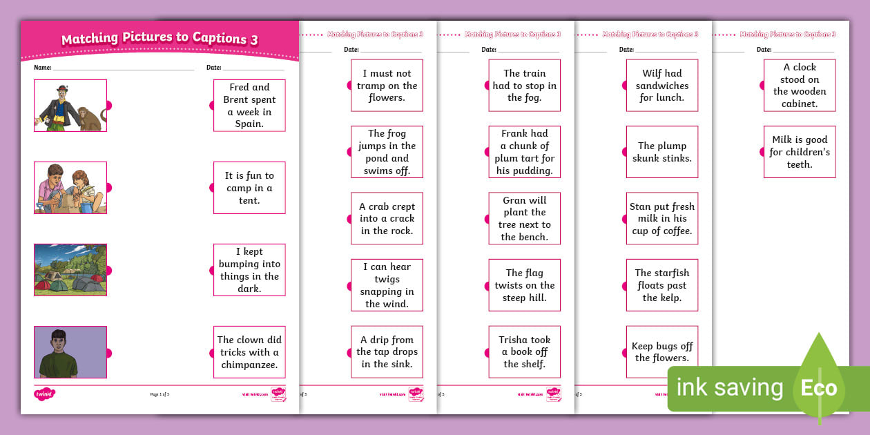Matching Pictures to Captions Phonics Worksheet 3 | Twinkl