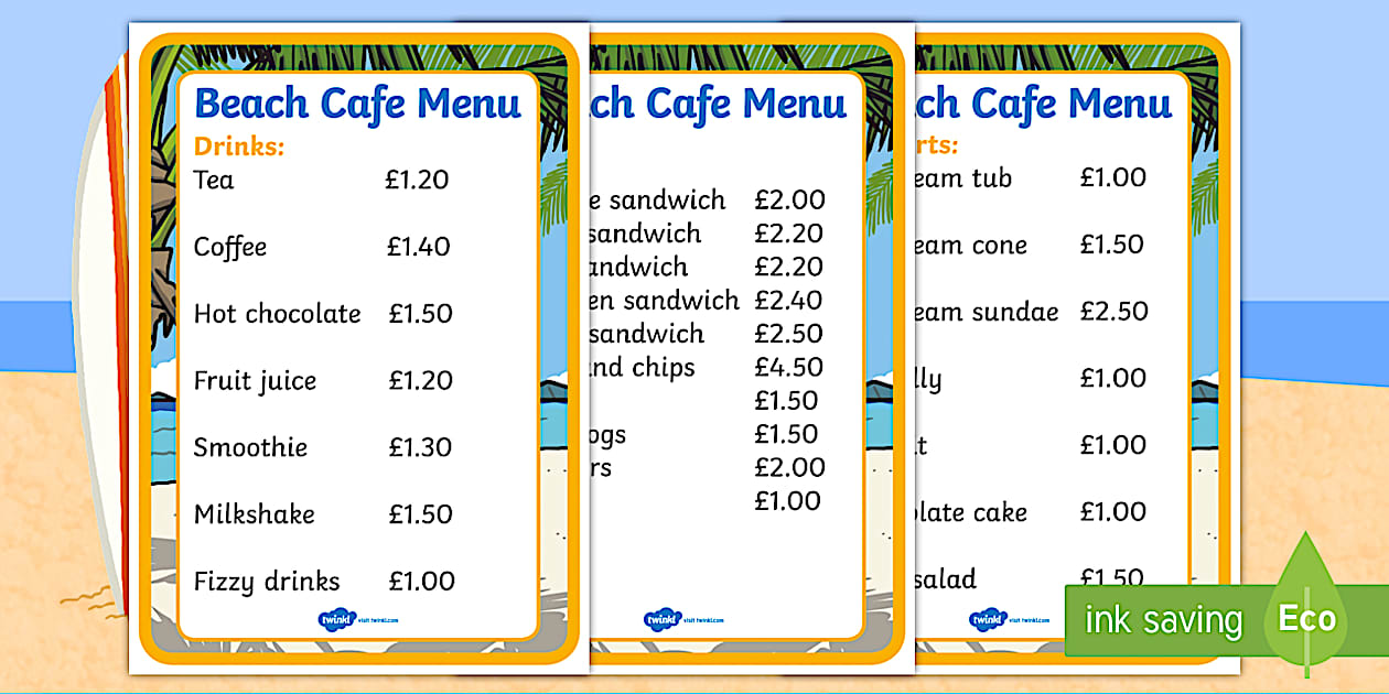 Beach Cafe Menu Posters (teacher made) - Twinkl