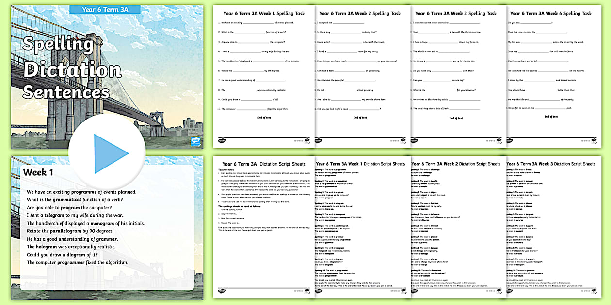 Year 6 Term 3A Spelling Dictation Sentences Activity Pack