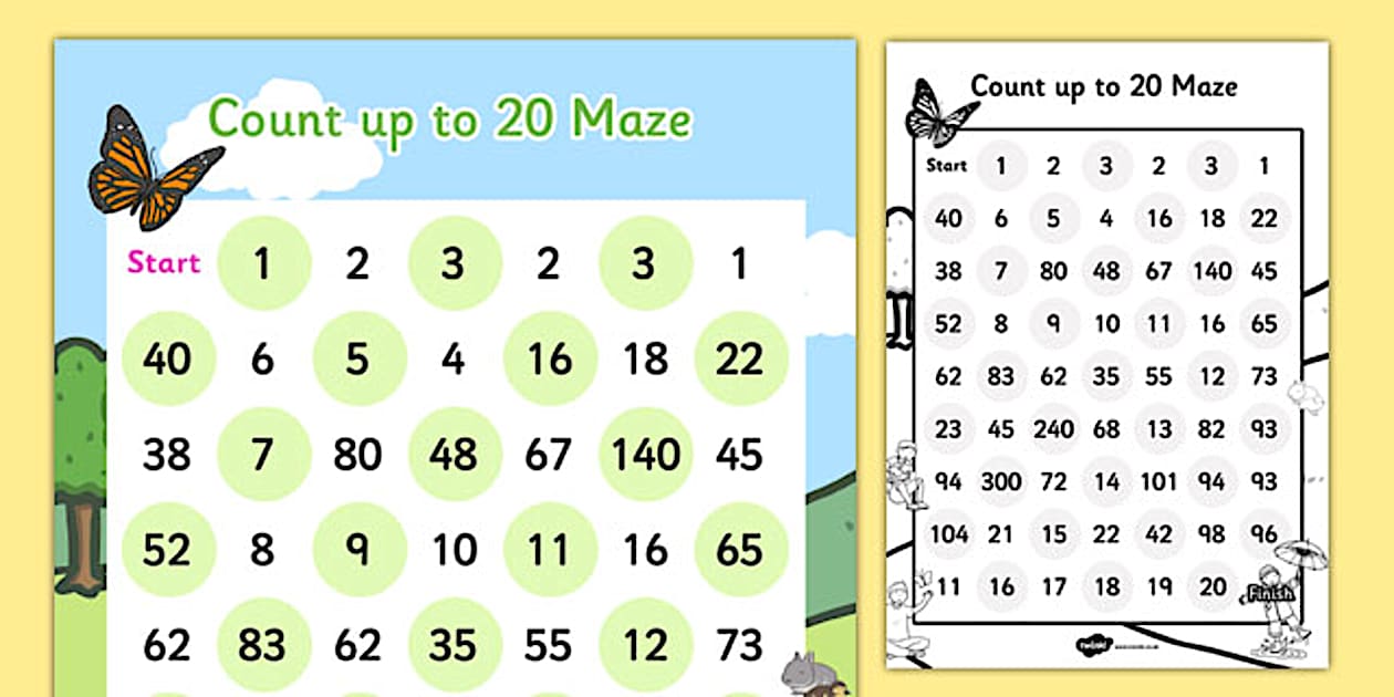 Black and White Counting up to 20 Maze Worksheet - Twinkl