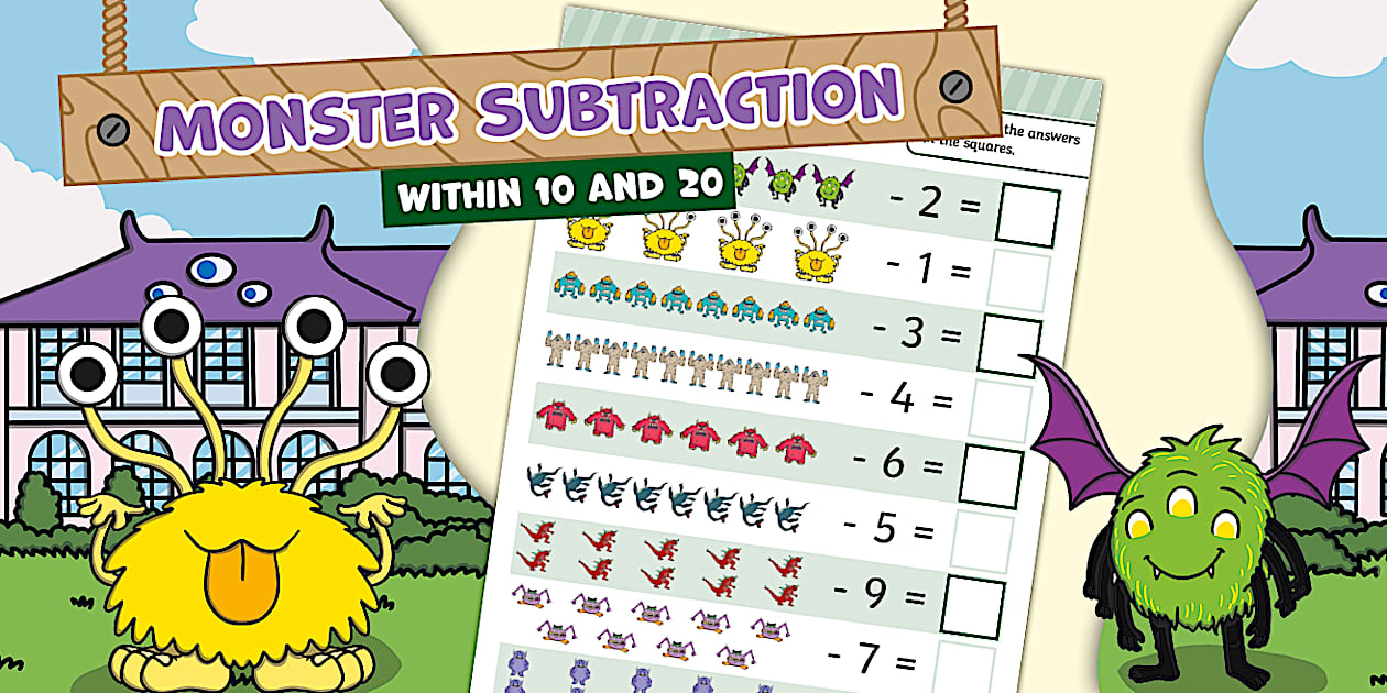 👉 Monster Subtraction Within 10 and 20 Worksheets