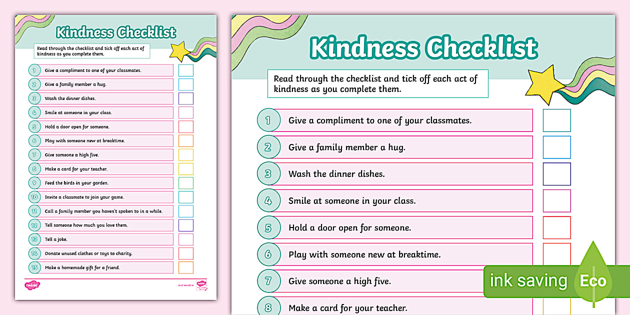 'World Kindness Day'- Kindness Checklist - Twinkl