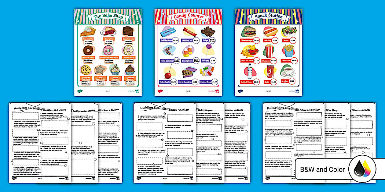 Sixth Grade Multiplying and Dividing Decimals Food Frenzy Activity Pack
