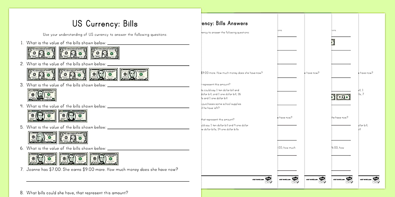 U.S. Bills Differentiated Worksheets (teacher made) - Twinkl