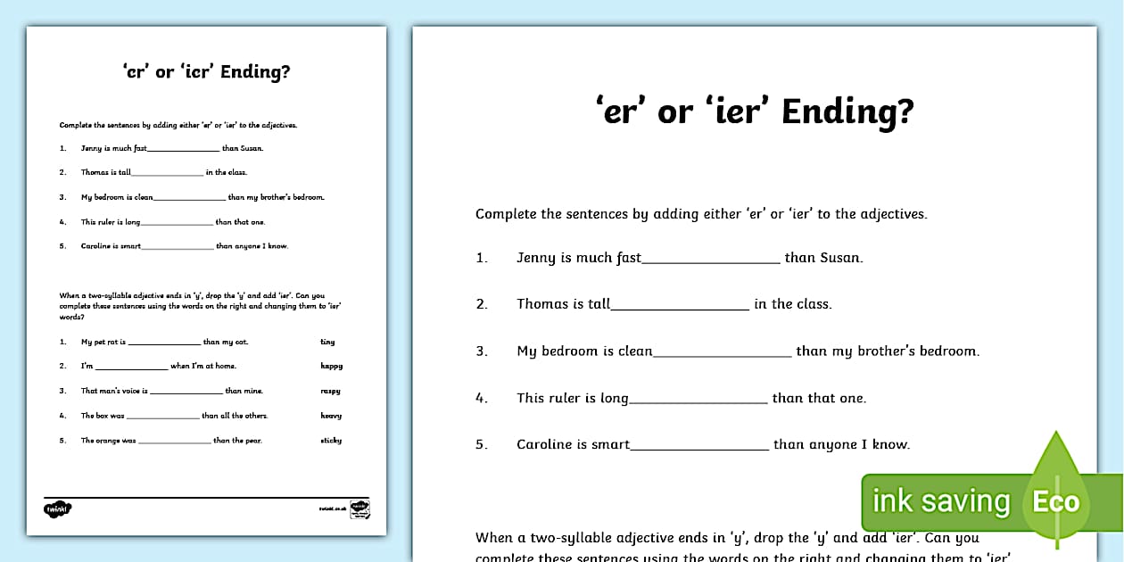 'er' or 'ier' Suffix Worksheet (Teacher-Made) - Twinkl
