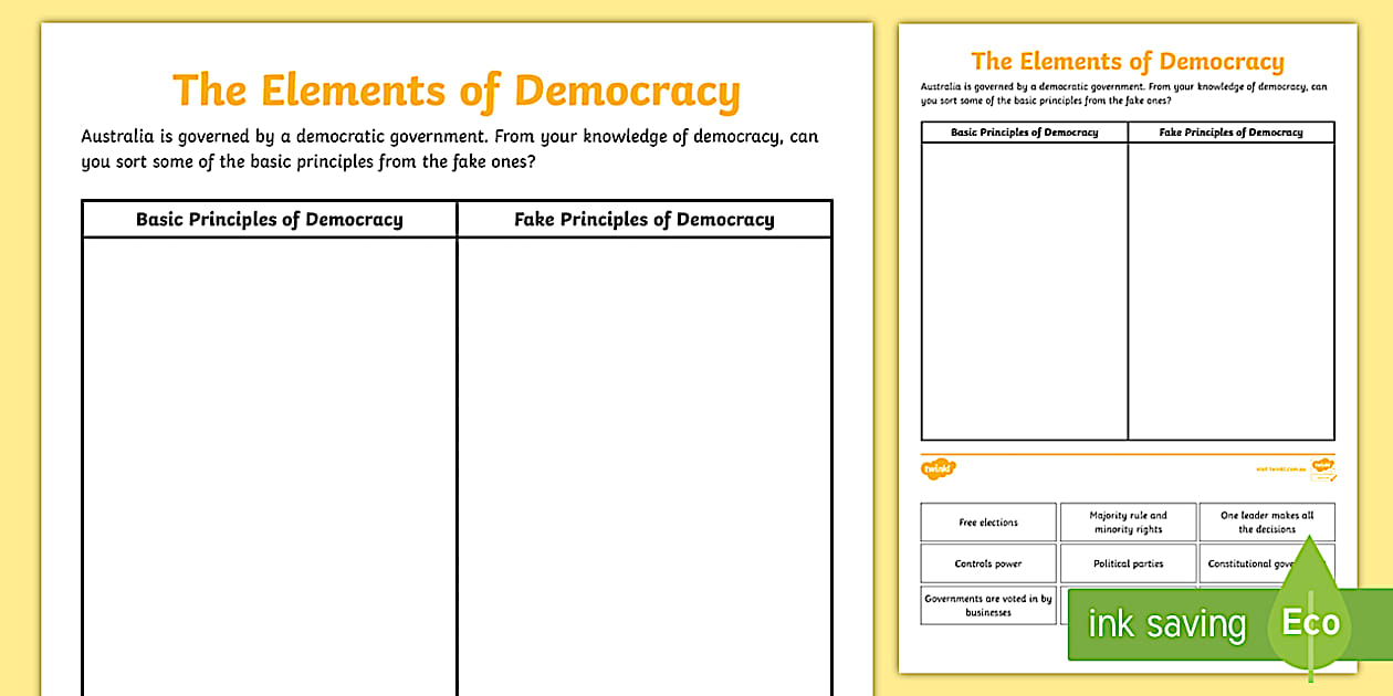 The Elements of Democracy Worksheet - Twinkl