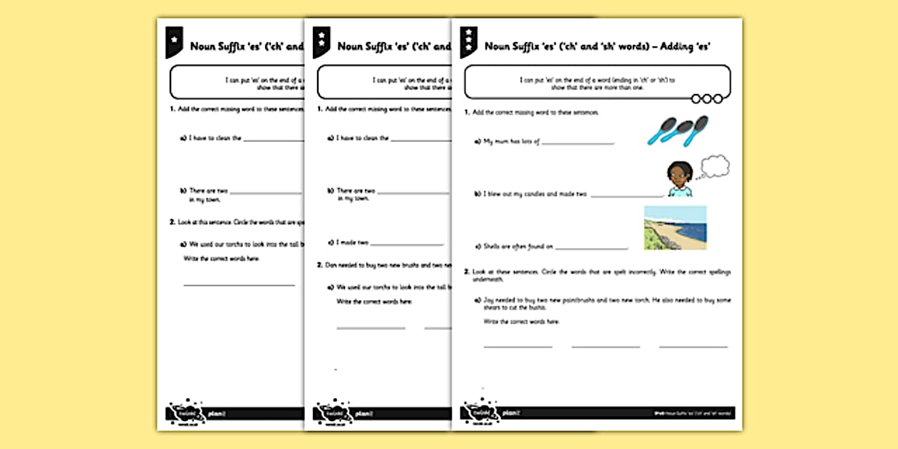 Adding -es (ch and sh) Differentiated Worksheet Pack