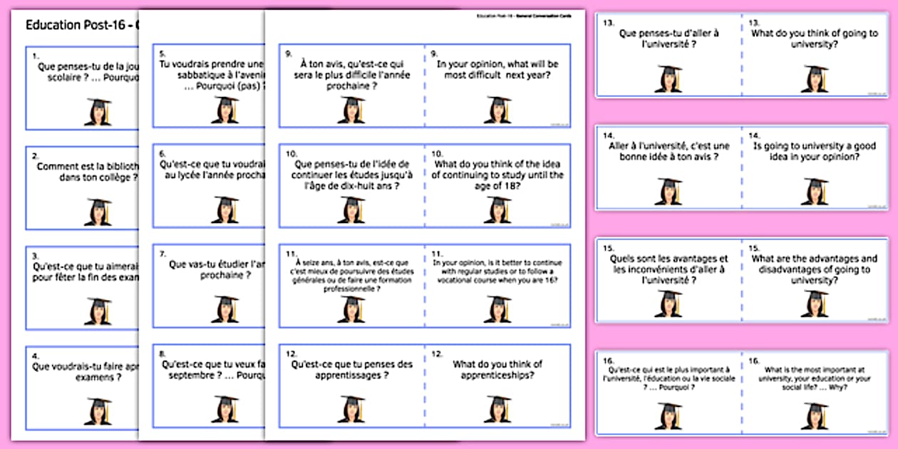 Education Post-16 Question Cards French (teacher made)