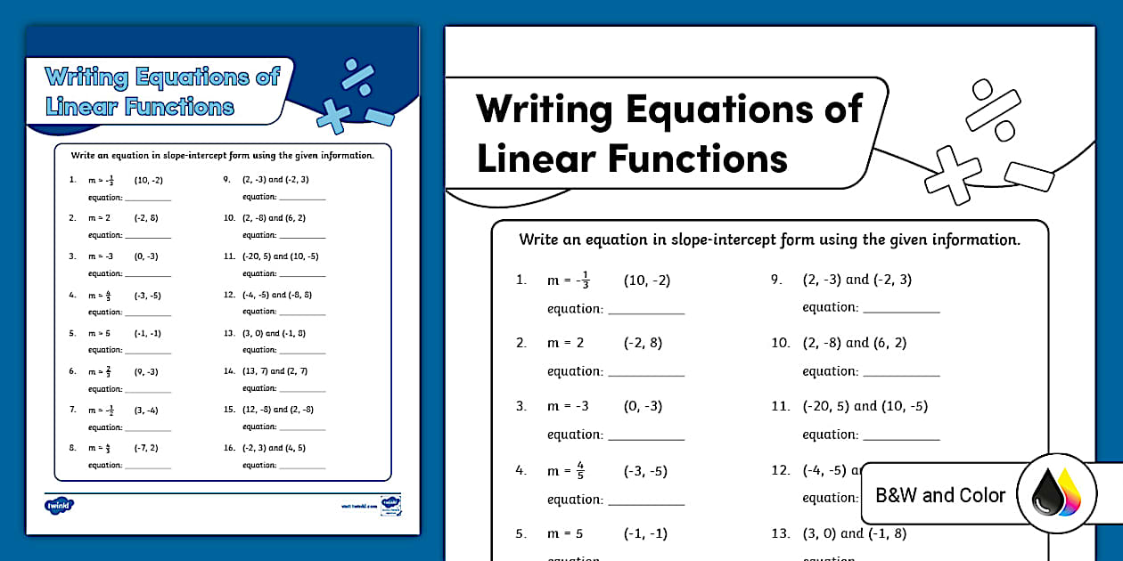 Eighth Grade Writing Equations of Linear Functions Worksheet Eighth Grade Writing Equations of Linear Functions Worksheet