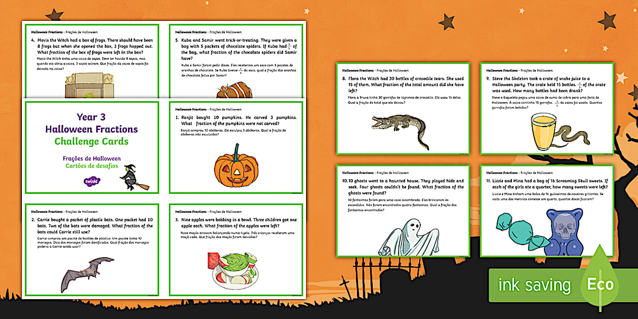 Year 3 Halloween Fractions Challenge Cards English/Portuguese