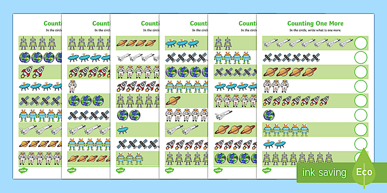 Lower Ability Space Themed One More Counting Worksheet