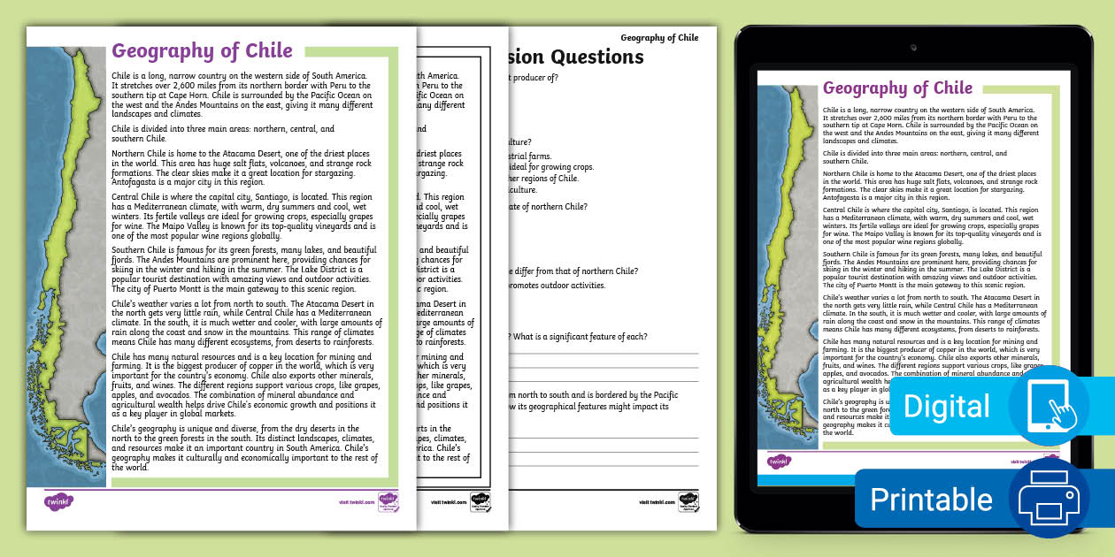 Geography of Chile Reading Comprehension Task | Twinkl USA