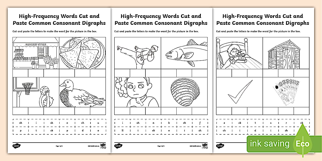 HFW Cut and Paste Worksheets Common Consonant Digraphs