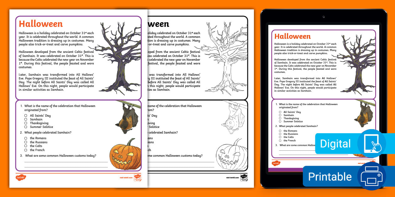 Third Grade Halloween Reading Passage Comprehension Worksheet