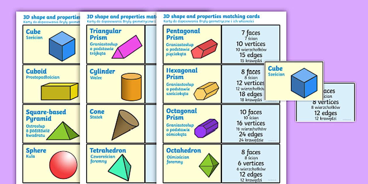 3D Shape and Properties Matching Cards Polish English/Polish - 3D Shape and