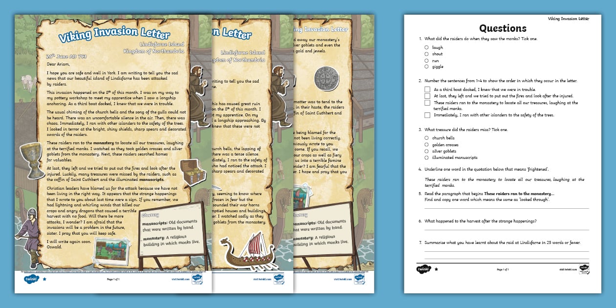 LKS2 Viking Invasion Letter Differentiated Reading Comprehension Activity