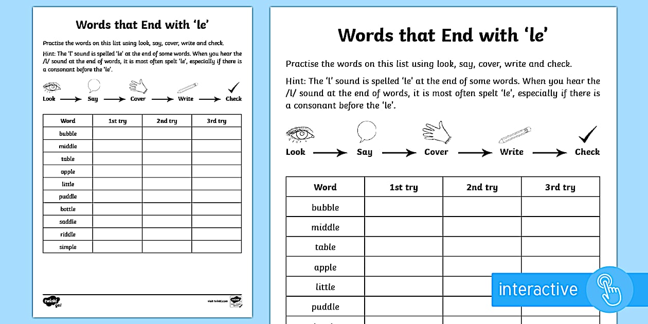 Words Ending in 'le' Worksheet | Parent Spelling Practice