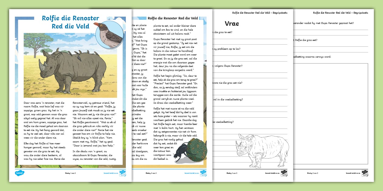 Rolfie die Renoster Red die Veld - Begripstoets - Twinkl
