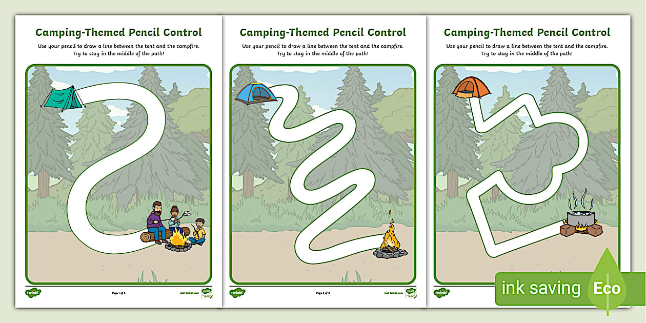 Camping-Themed Pencil Control Worksheets - Twinkl