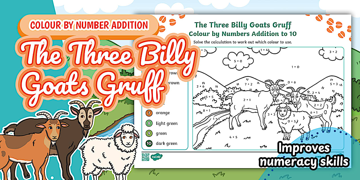 The Three Billy Goats Gruff Colour by Numbers Addition to 10 Worksheet
