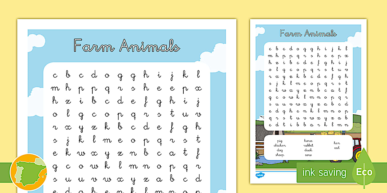 A1 Sopa de letras: Animales de la granja en inglés - Twinkl