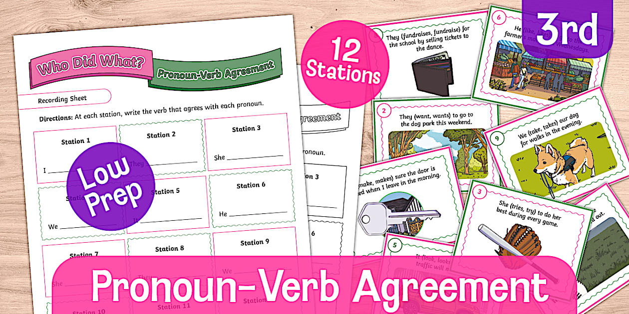 Third Grade Who Did What? Pronoun-Verb Agreement Task Cards