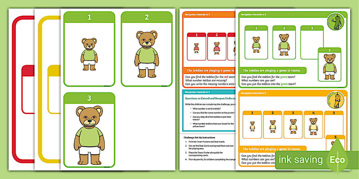 👉 EYFS Maths Number Recognition to 5 Challenges: Teddy Teams