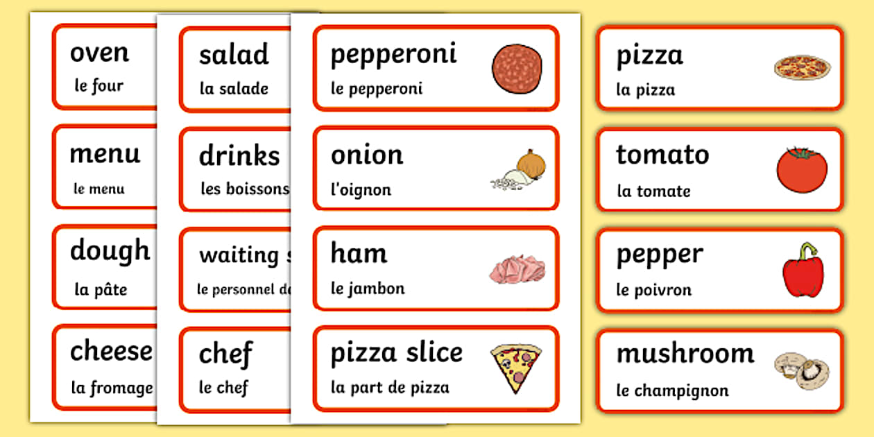 Pizza parlour role play word cards English/French - Twinkl