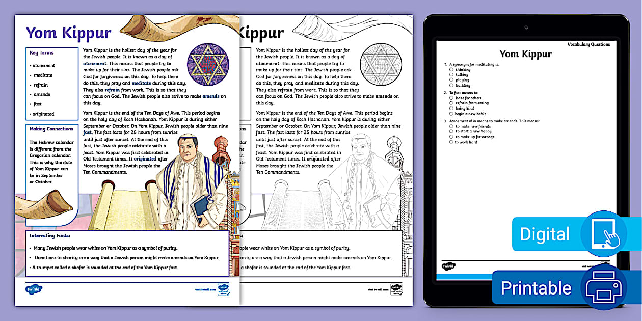 Third Grade Yom Kippur Fact File and Vocabulary Questions