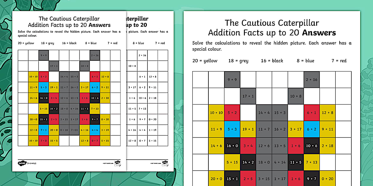 KS1 The Cautious Caterpillar Addition Facts up to 20 Maths Mosaic Worksheet